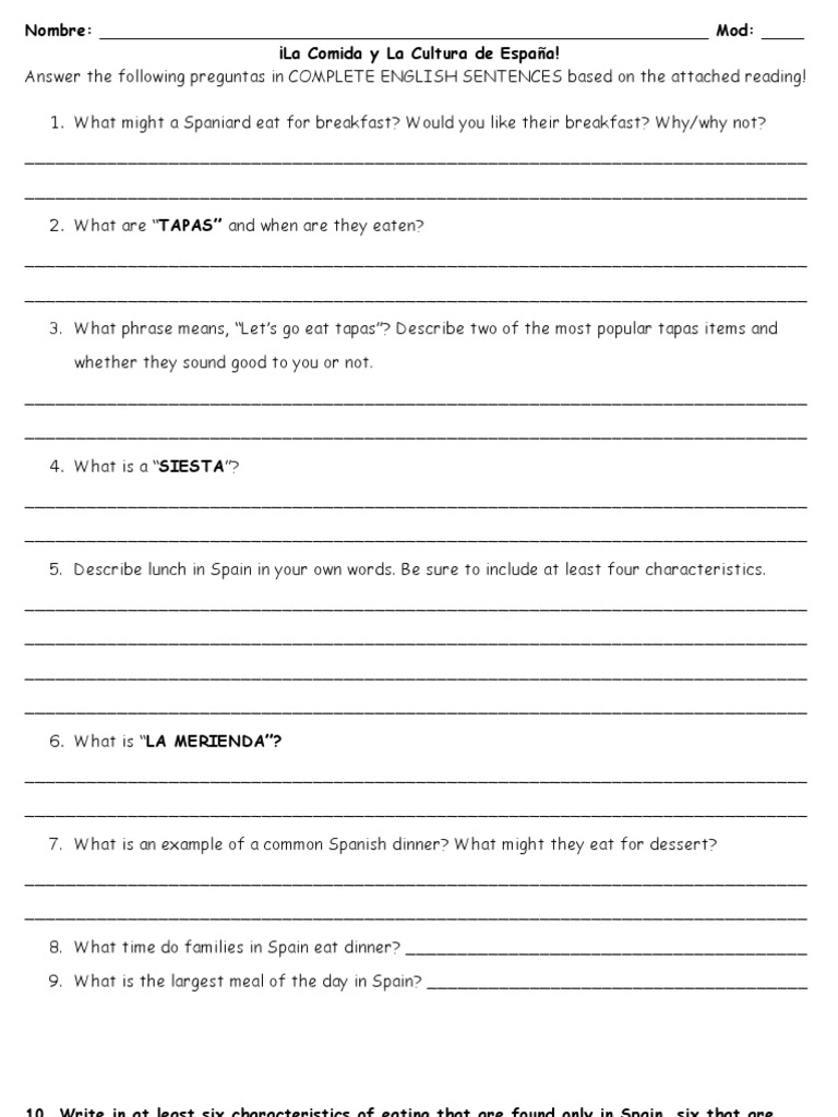 Spanish Meal Times and Culture Worksheet | PDF | Meal | Lunch