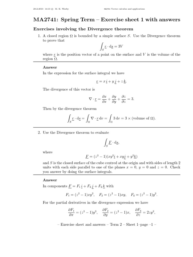 MA2741: Spring Term - Exercise Sheet 1 With Answers: Exercises ...