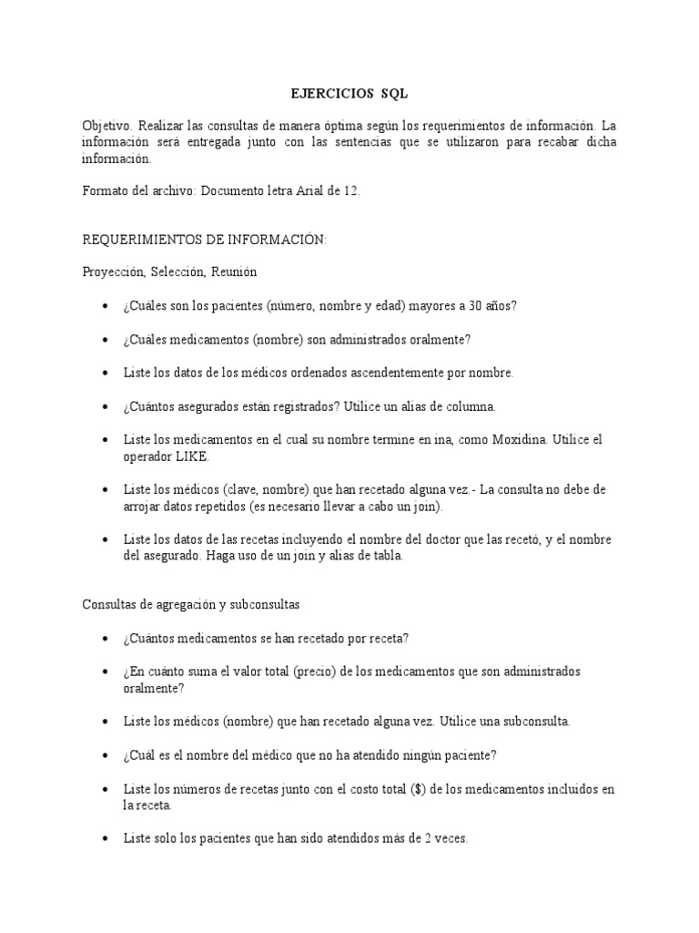 Ejercicios SQL | Descargar gratis PDF | SQL | Medicamentos con receta