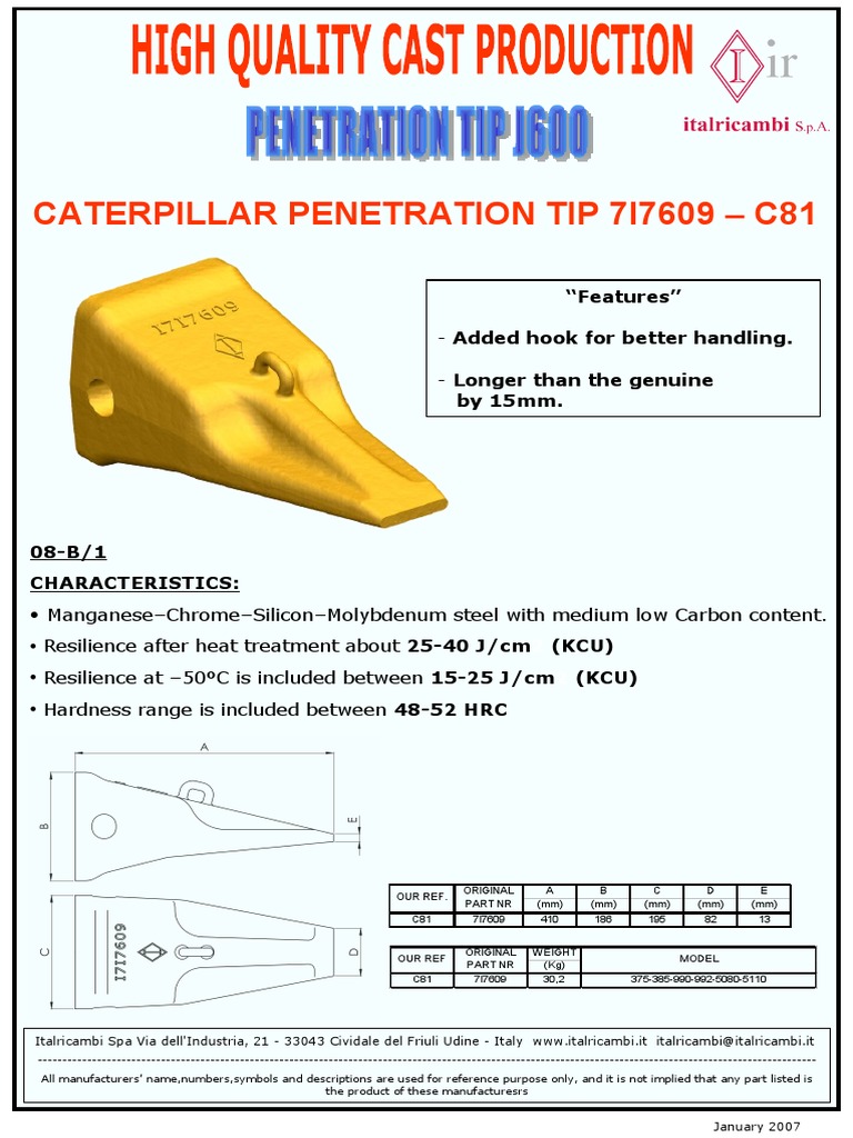 Caterpillar Penetration Tip 7I7609 - C81: "Features" | PDF