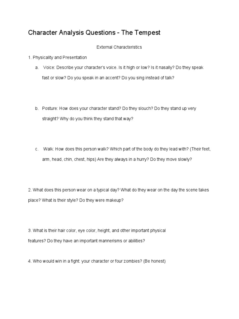 Character Analysis Worksheet - The Tempest | PDF