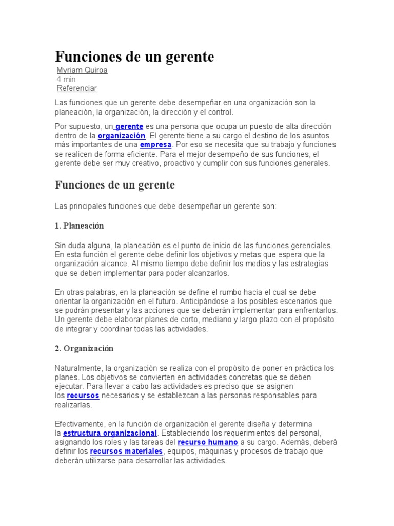 Funciones de Un Gerente | PDF | Planificación | Gestión de recursos humanos