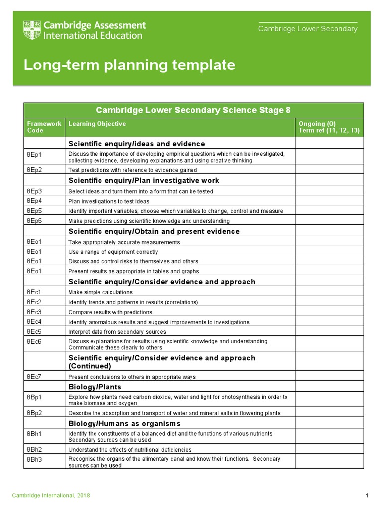 Long-Term Planning Template: Cambridge Lower Secondary Science Stage 8 ...