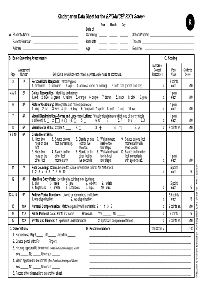 Kindergarten Data Sheet For The BRIGANCE | PDF | Cognition | Cognitive ...