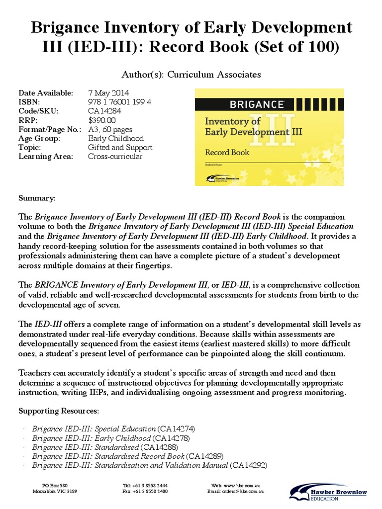 Brigance Inventory of Early Development III (IED-III) : Record Book ...