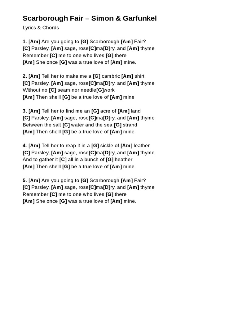 Scarborough Fair - Simon & Garfunkel - Lyrics & Chords | PDF | Home ...