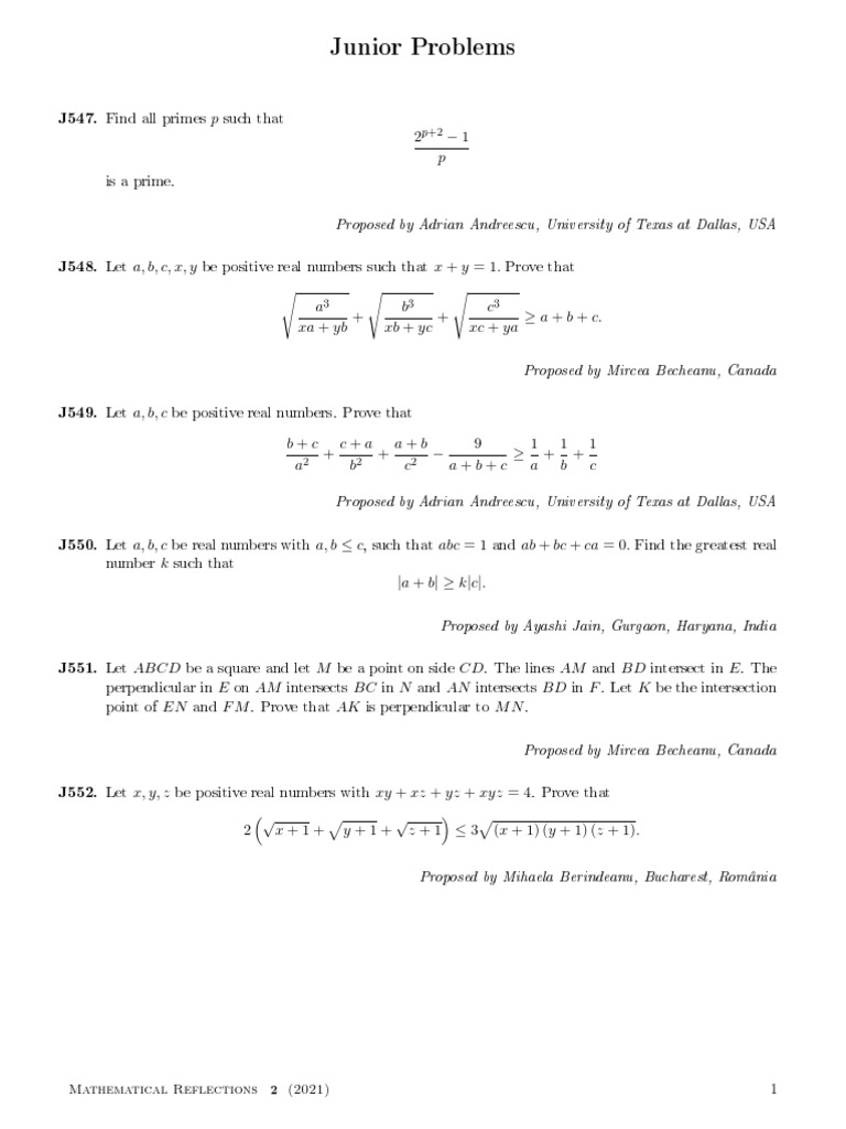 Junior Problems: Mathematical Reflections (2021) 1 | Download Free PDF ...