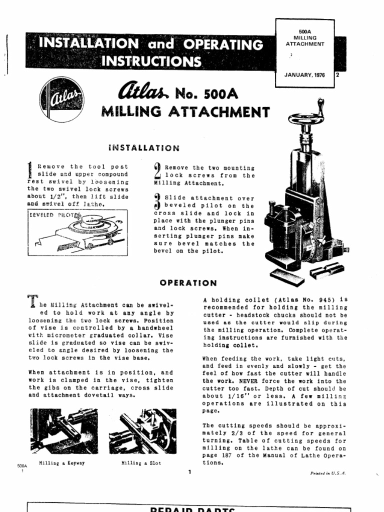 Atlas 500A Milling Attachment | PDF
