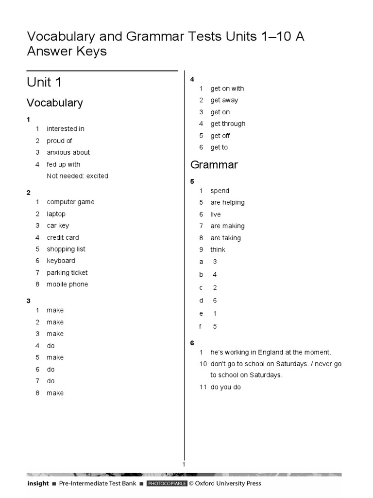 Vocabulary and Grammar Test Answers | PDF