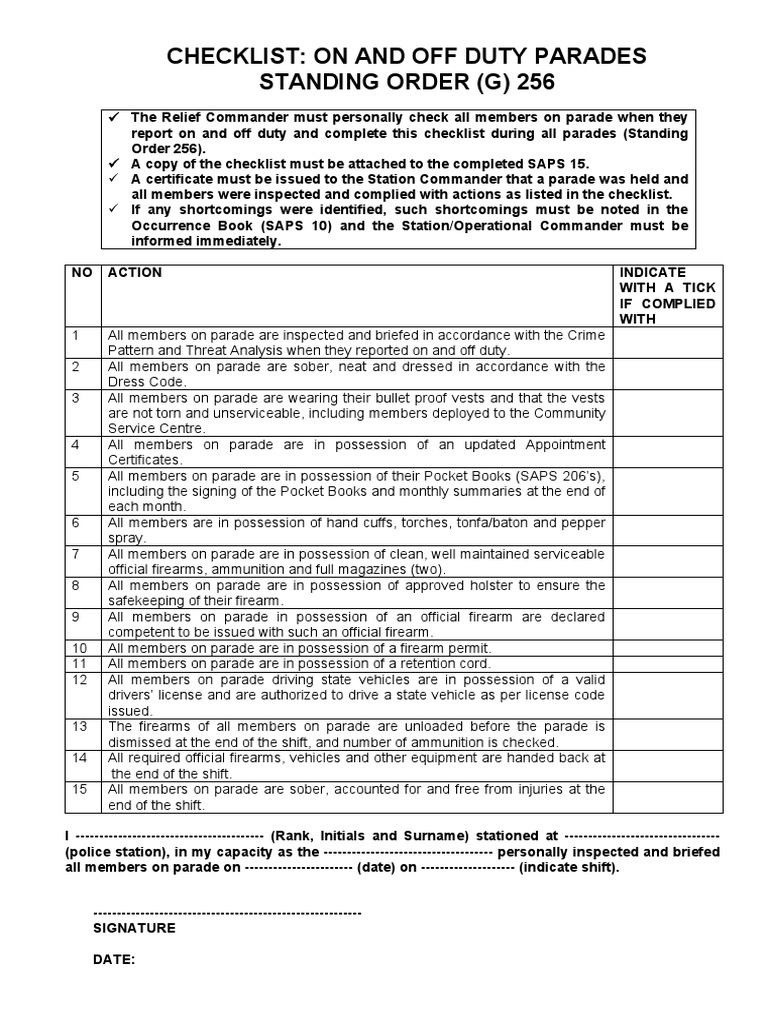 Checklist: On and Off Duty Parades Standing Order (G) 256 | PDF ...