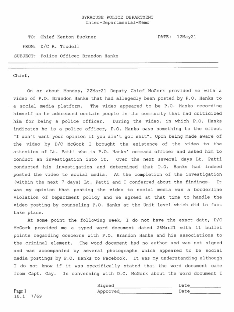 Deputy Chief Richard Trudell Internal Memo To Buckner | PDF