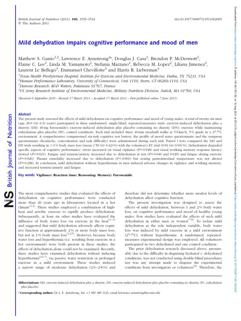 Mild Dehydration Impairs Cognitive Performance and Mood of Men | PDF ...