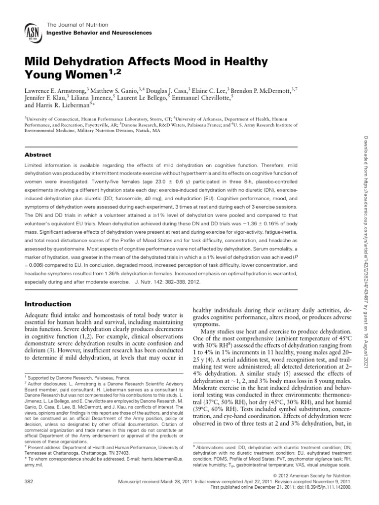 Mild Dehydration Affects Mood in Healthy Young Women | PDF ...
