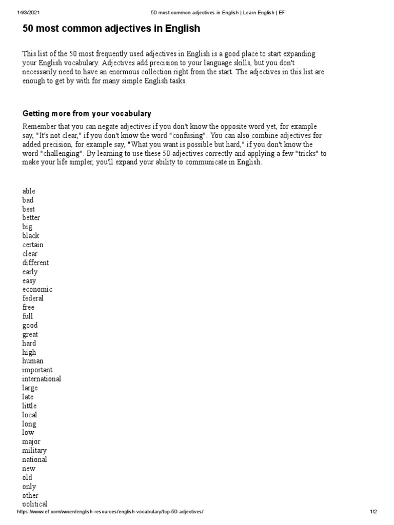 50 Most Common Adjectives in English - Learn English - EF | PDF ...