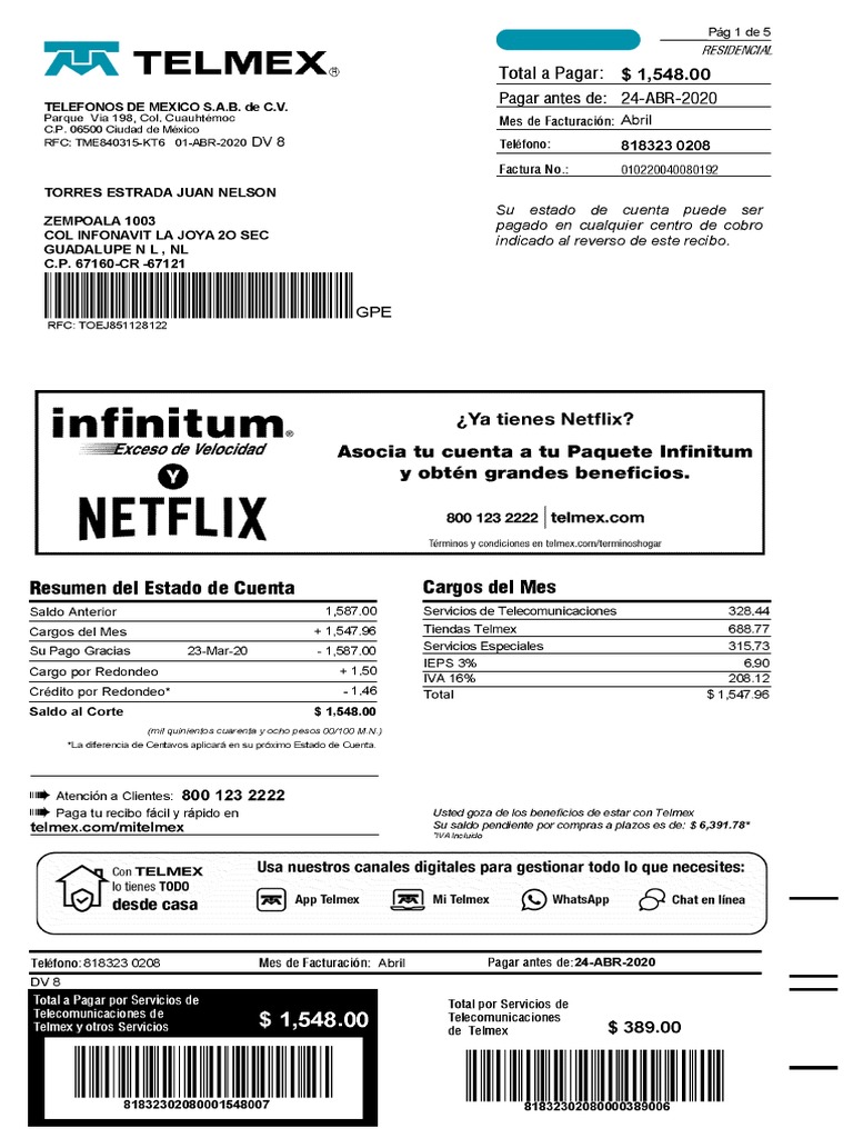 Recibo TELMEX MES ABRIL 2020 | PDF