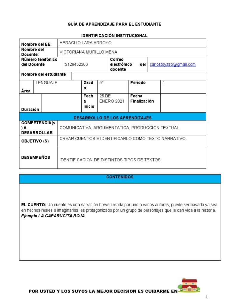 Primera Guia Primer Periodo Grado 5° El Cuento Enero | PDF