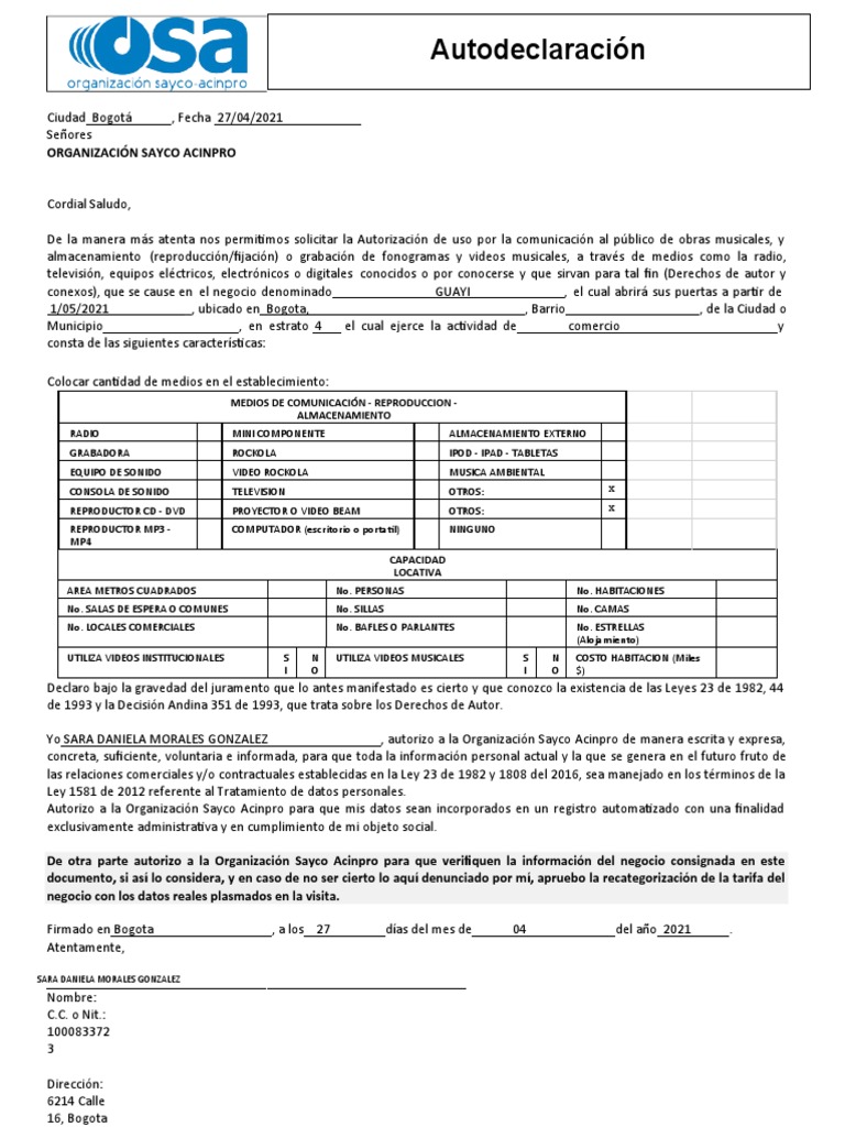 DOCUMENTO OSA Autodeclaracion2 | PDF | Derechos de autor | Informática