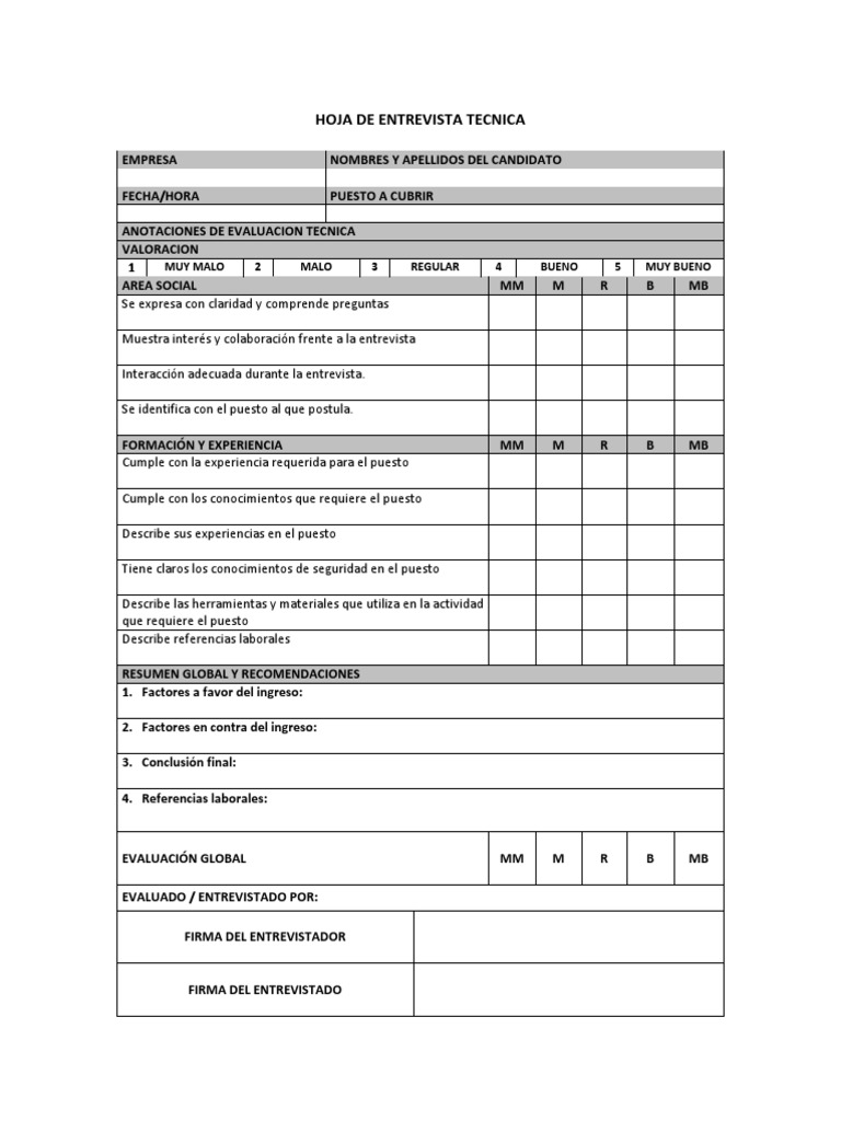 Hoja De Entrevista Técnica Pdf