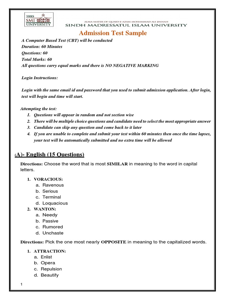 Admission Test Sample Questions Guide | PDF | Teaching Methods & Materials