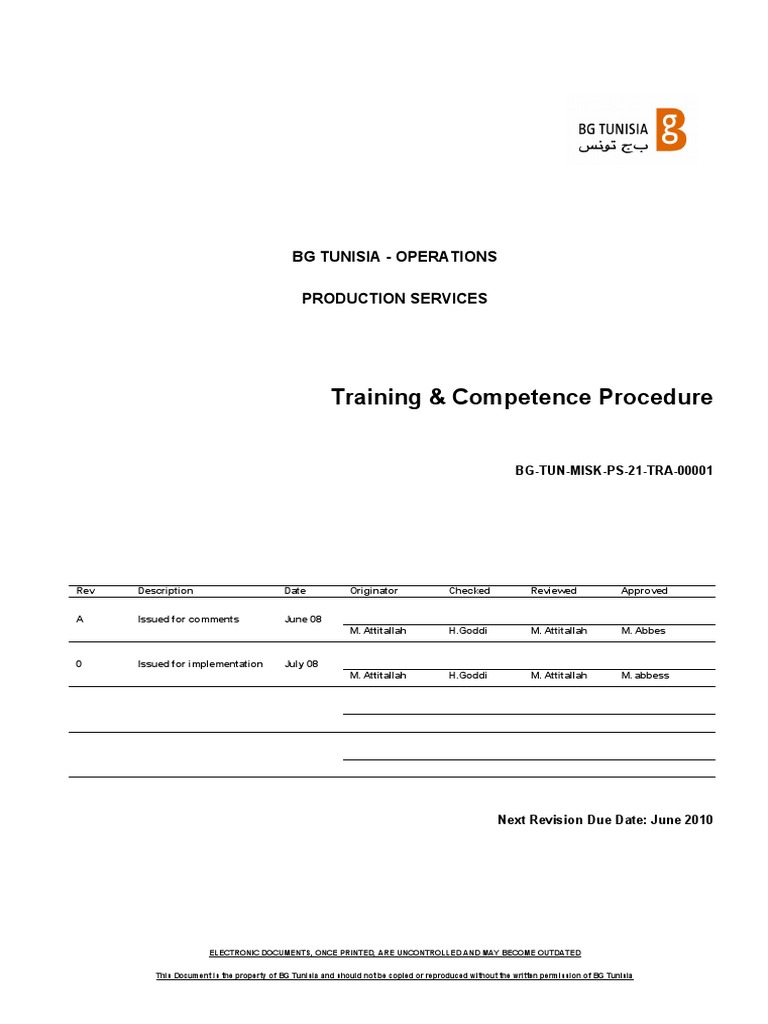 Training & Competence Procedure: BG Tunisia - Operations Production ...