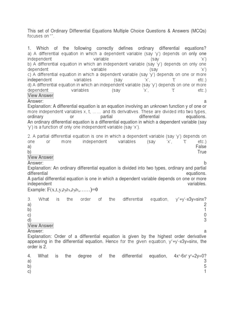 An In-Depth Review of Ordinary Differential Equations Concepts and ...