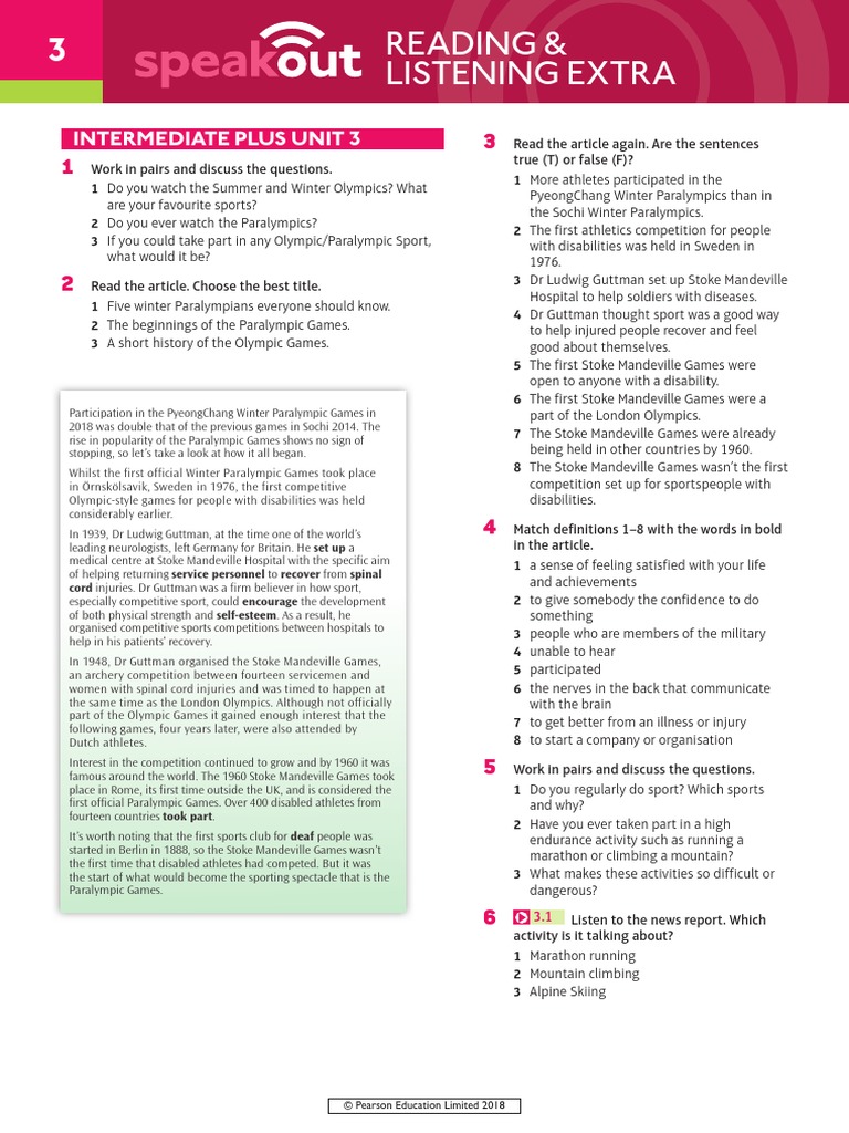 Reading & Listening Extra: Intermediate Plus Unit 3 | PDF | Paralympic ...