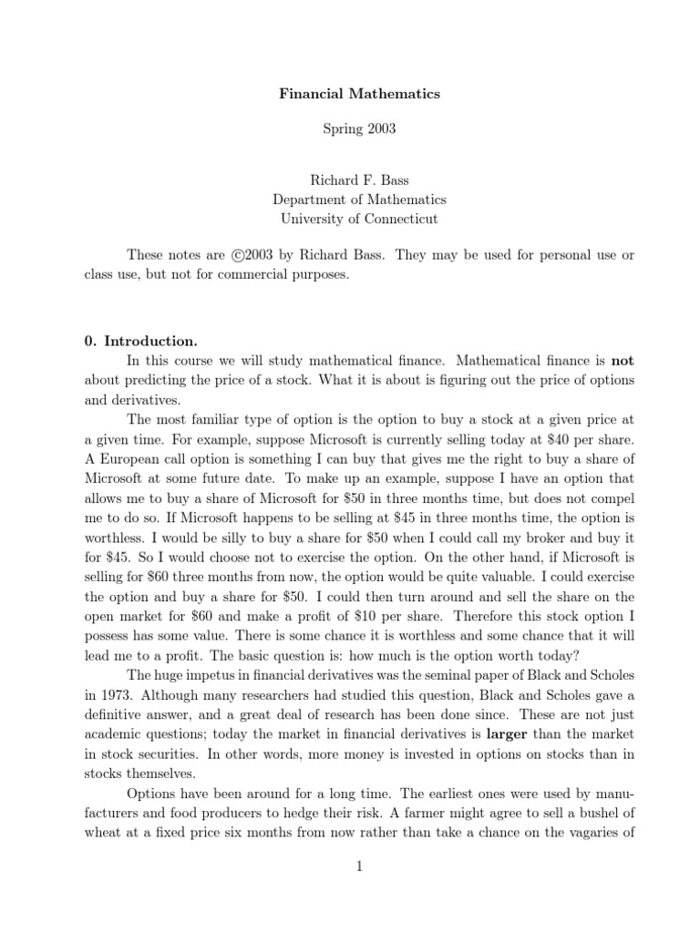 Financial Mathematics (Lectures) | PDF | Option (Finance ...