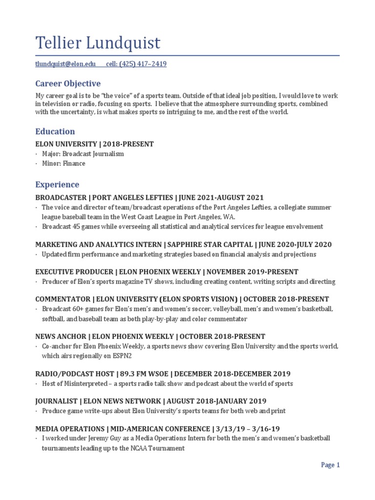 Tellier Lundquist: Career Objective | PDF | Mass Media | Entertainment