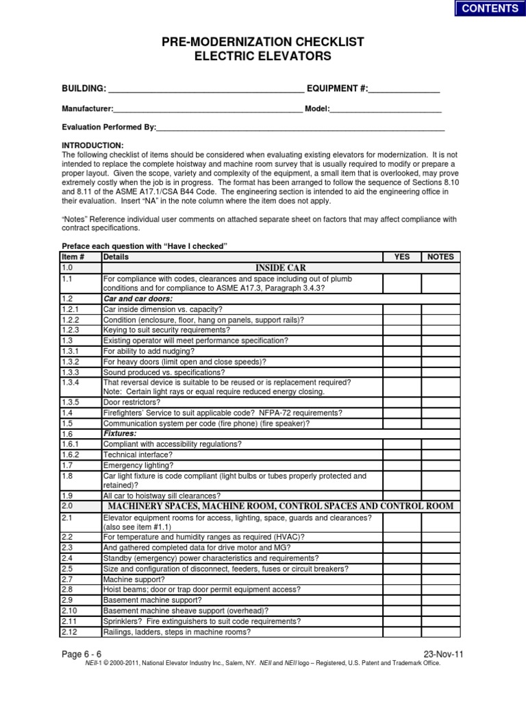 Pre-Modernization Checklist Electric Elevators | PDF | Elevator ...
