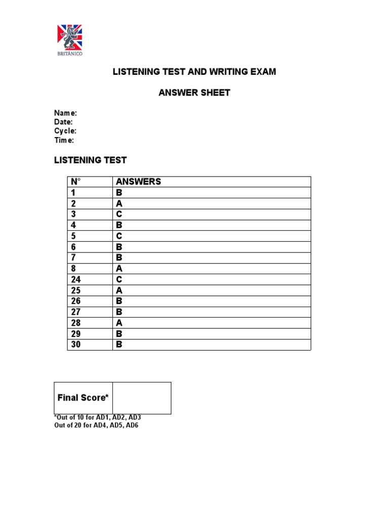 Listening Test and Writing Exam - Answer Sheet | PDF