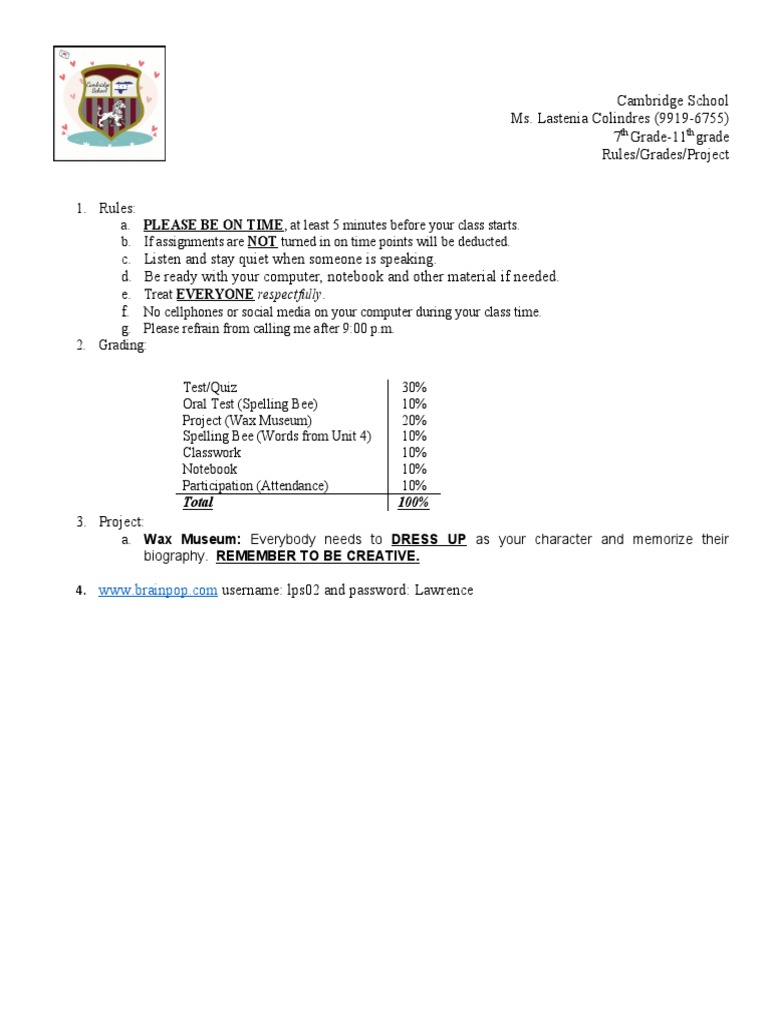 at Least 5 Minutes Before Your Class Starts.: Total 100% | PDF