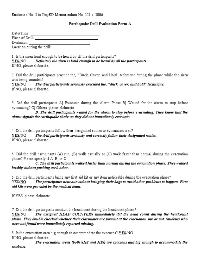 DepEd earthquake drill evaluation form | PDF | Emergency Evacuation