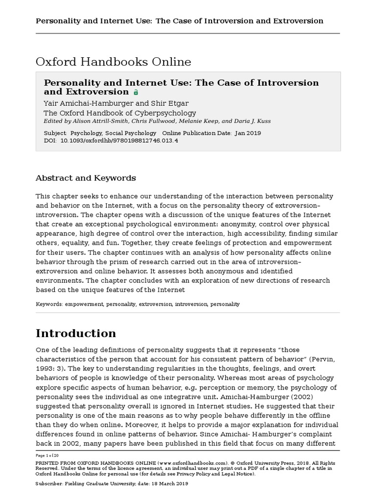 Personality and Internet Use The Case of Introversion and Extroversion | PDF | Extraversion And ...