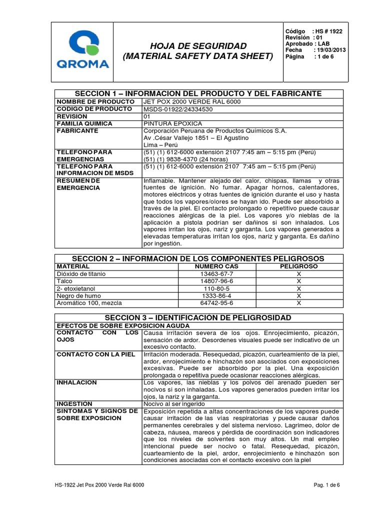 MSDS Jet Pox 2000 Verde Ral 6000 | PDF | Agua | Combustión