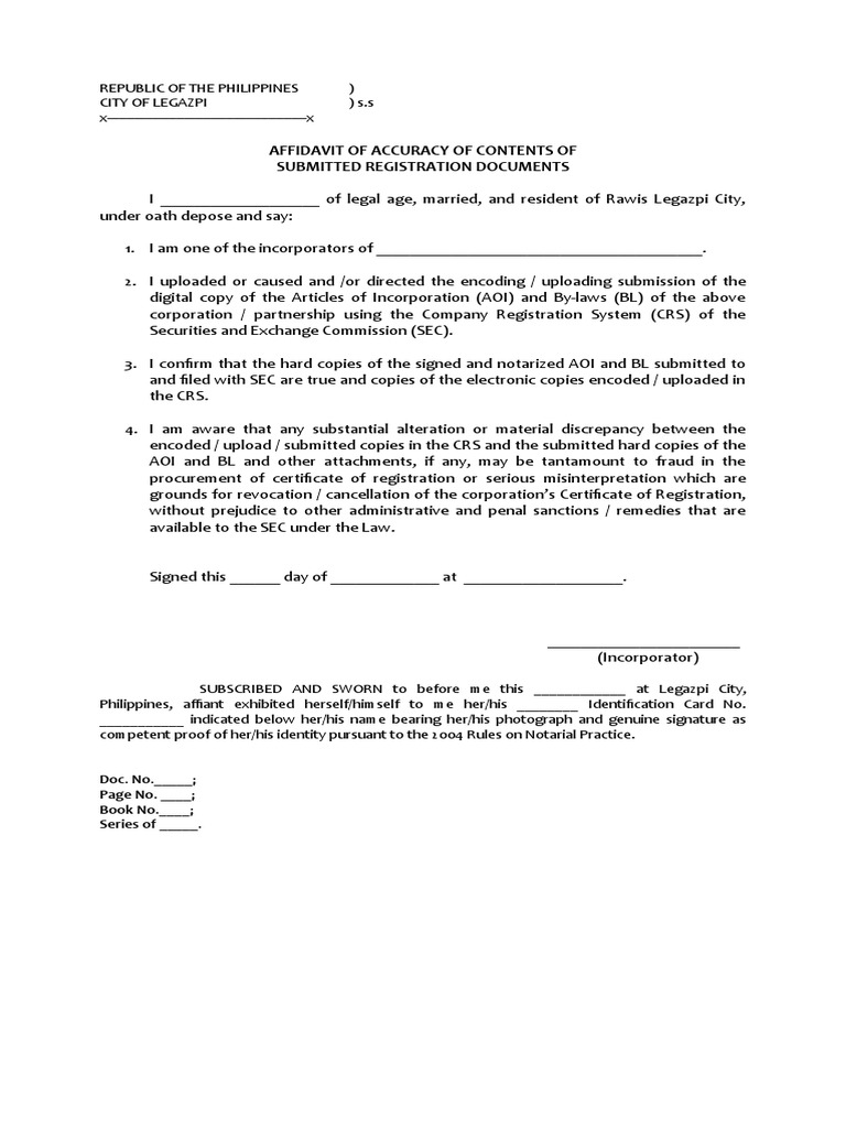 AFFIDAVIT OF ACCURACY OF CONTENTS OF SUBMITTED REGISTRATION DOCUMENTS ...