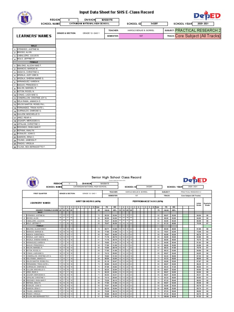 Input Data Sheet For SHS E-Class Record: Learners' Names | PDF