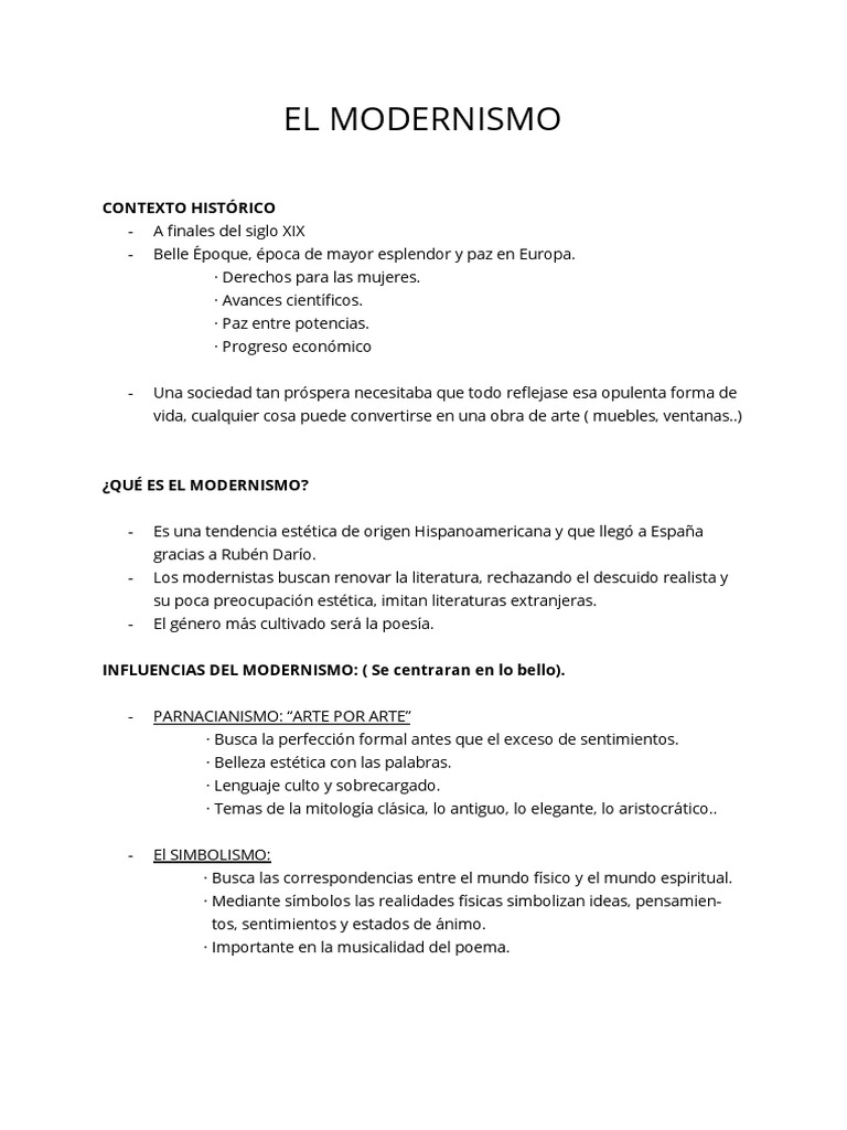 Literatura - El Modernismo - 1º Examen - 2 Eva | PDF | Art Nouveau | Autor