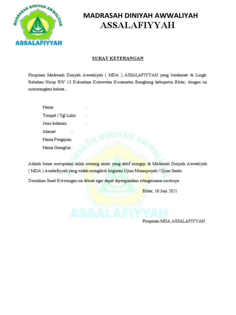 MDA Assalafiyyah Surat Keterangan Santri | PDF