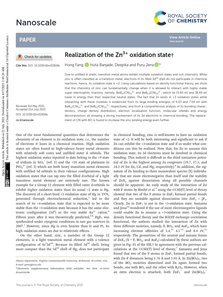 Realization of The Zn3+ Oxidation State (d1nr02816b) | PDF | Chemical ...