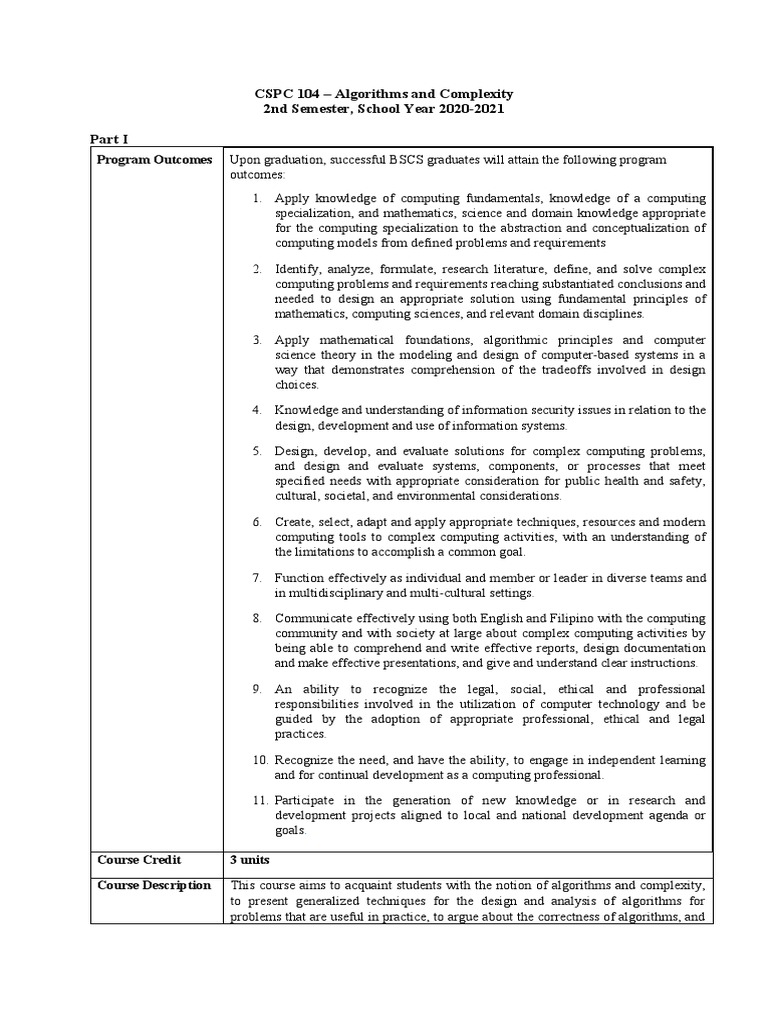 CSPC 104 - Algorithms and Complexity 2nd Semester, School Year 2020-2021 | PDF | Computing | System