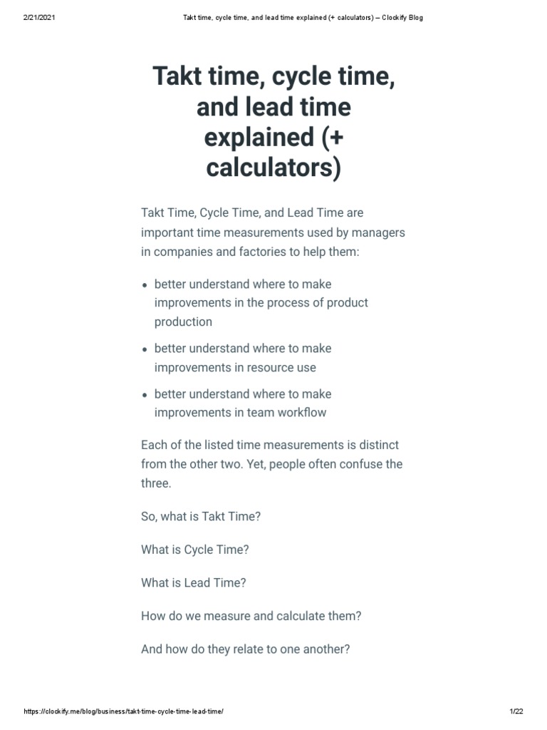 Takt Time, Cycle Time, and Lead Time Explained (+ Calculators) | PDF ...