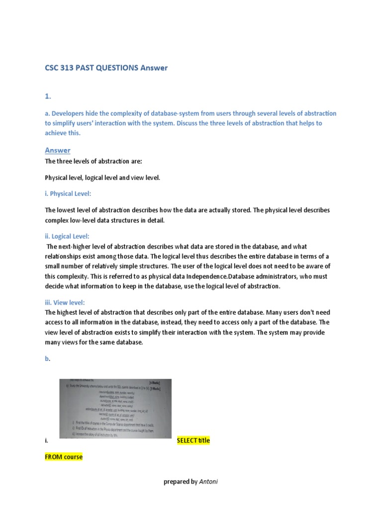 CSC 313 Past Questions Answer | PDF | Relational Database | Abstraction ...