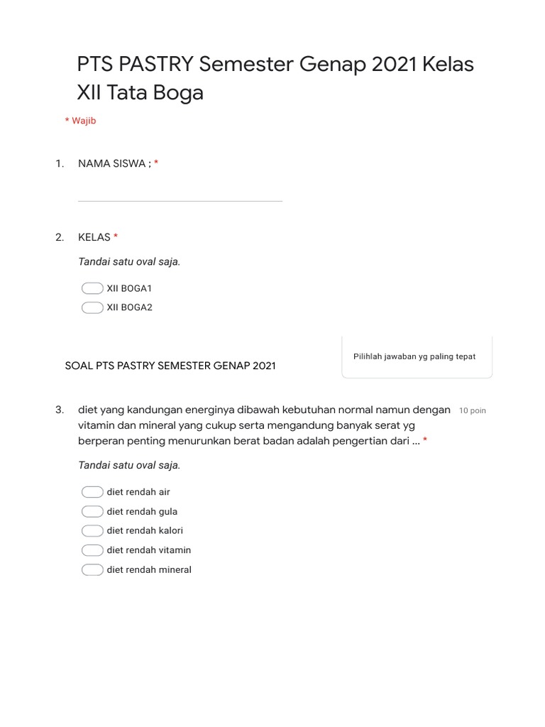 PTS PASTRY Semester Genap 2021 Kelas XII Tata Boga | PDF