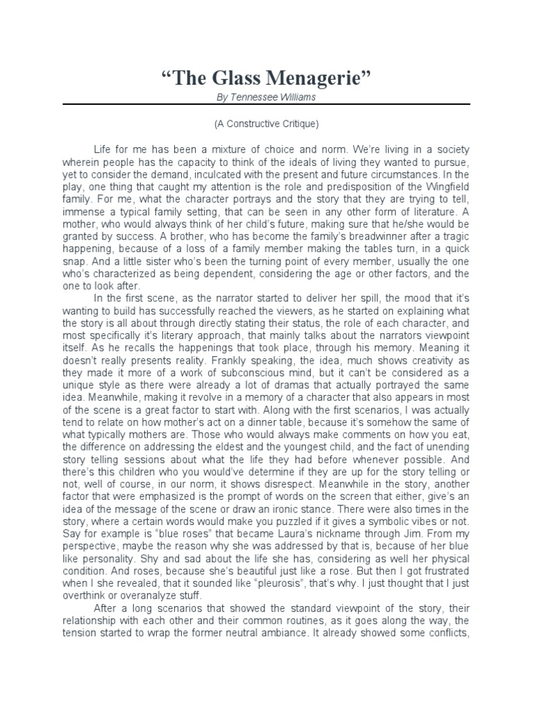 "The Glass Menagerie": (A Constructive Critique) | PDF