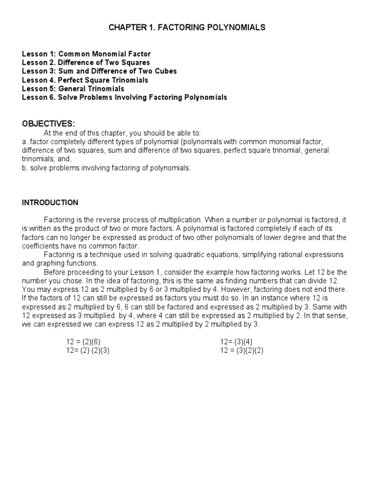 Chapter 1. Factoring Polynomials | PDF | Factorization | Polynomial
