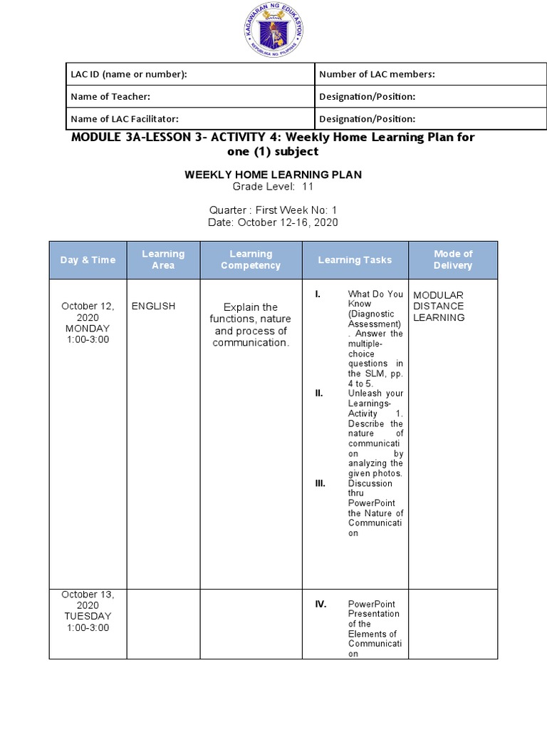 MODULE 3A-LESSON 3-ACTIVITY 4: Weekly Home Learning Plan For One (1 ...