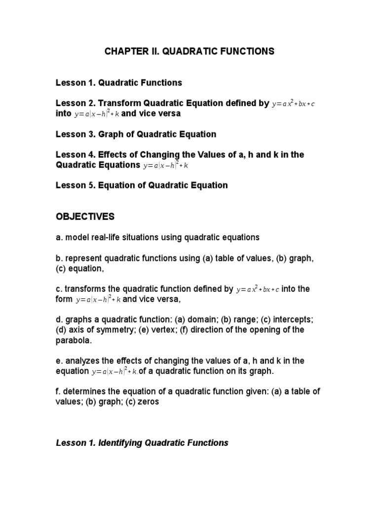 Chapter Ii. Quadratic Functions: y A X BX +C y A (X-H) K | PDF ...