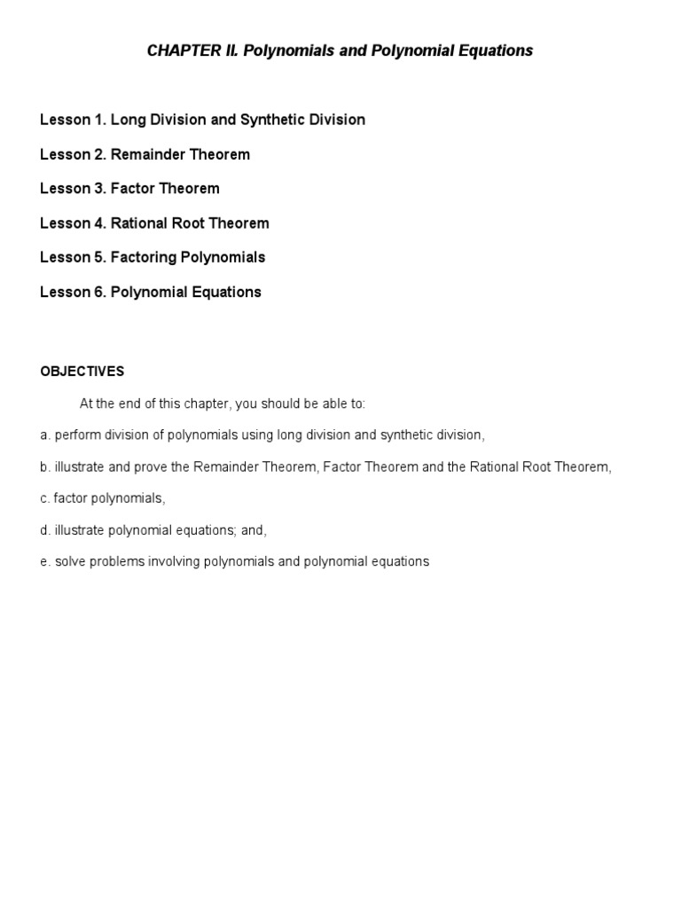 CH2 - Polynomials and Polynomial Equationsss | PDF | Factorization | Division (Mathematics)
