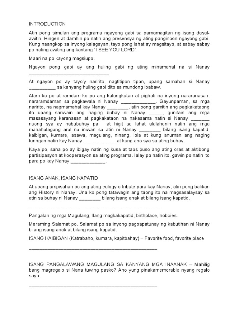 Nanay Funeral Program Script | PDF