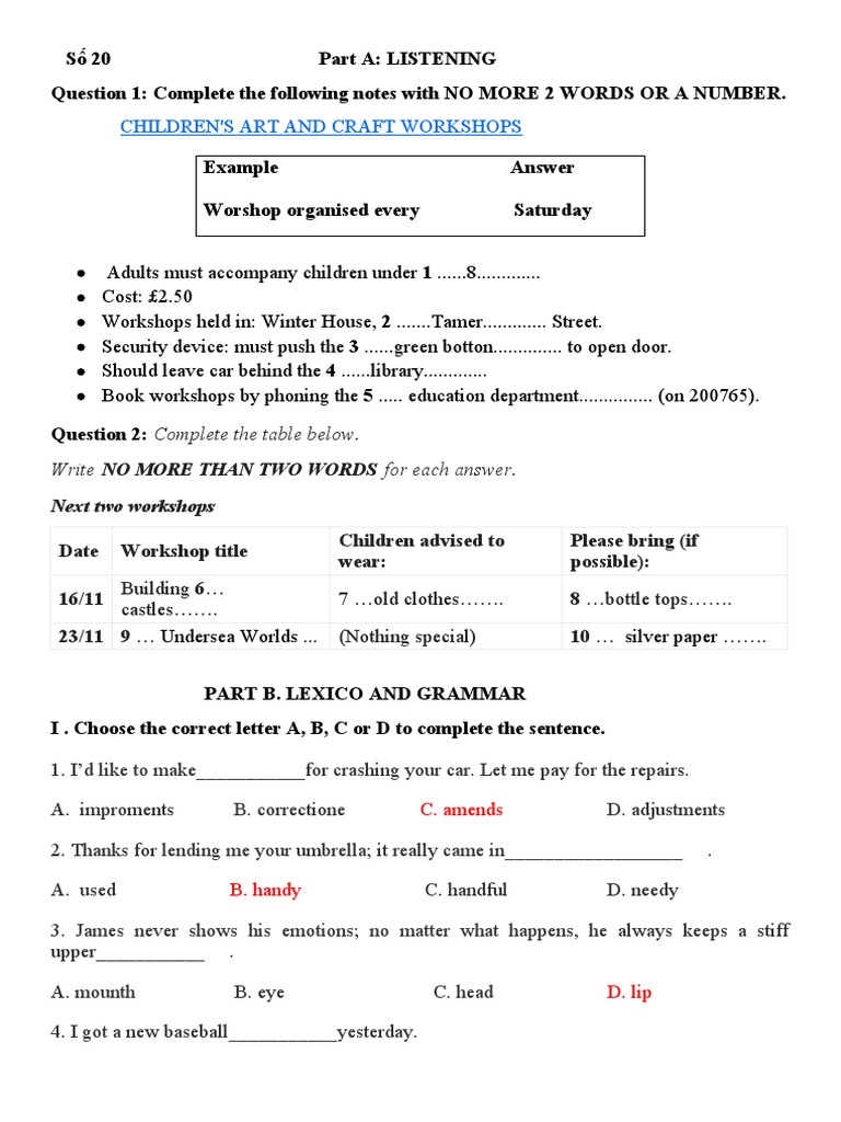 Children'S Art and Craft Workshops: Complete The Table Below. Write NO ...